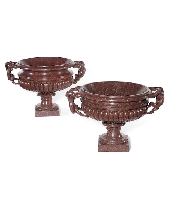 Bonhams : A pair of large porphyry tazzas