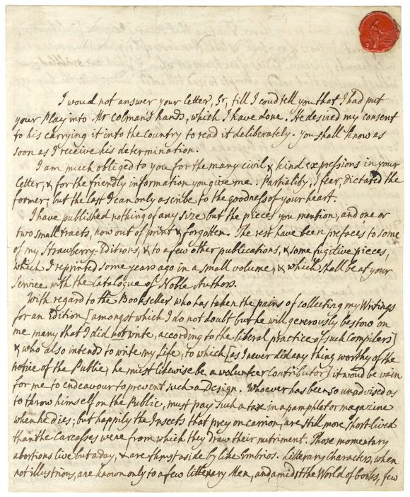 Bonhams : WALPOLE (HORACE) Autograph letter signed ("HorWalpole"), to ...