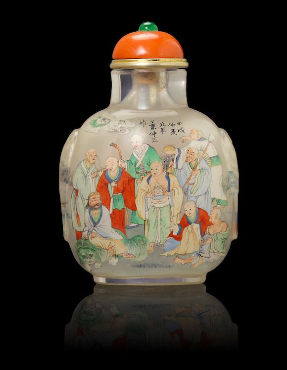 Bonhams : An inside painted rock-crystal 'eighteen luohan' snuff bottle ...