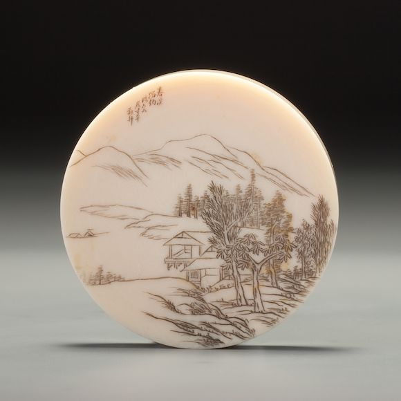 Bonhams : An inscribed and carved ivory 'Fishing Alone on a Spring ...