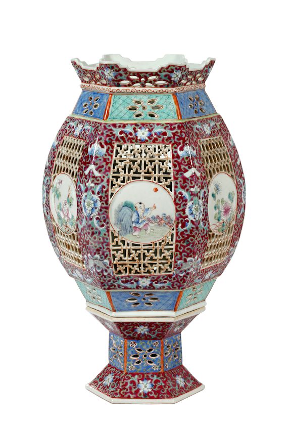 Bonhams : A Chinese famille rose hexagonal baluster lantern on stand
