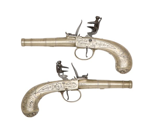 Bonhams : A Very Rare Pair Of 54-Bore Tutenag Flintlock Box-Lock Pistols