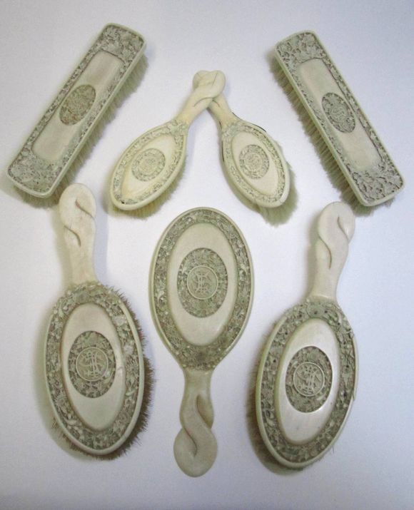Bonhams : A set of export carved ivory dressing table items 19th century