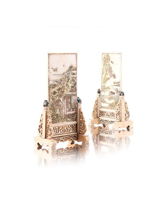 Bonhams : A pair of carved and stained ivory table screens 19th century