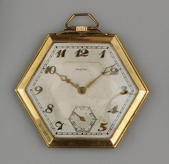 Bonhams : Mappin: An 18ct gold slim hexagonal pocket watch