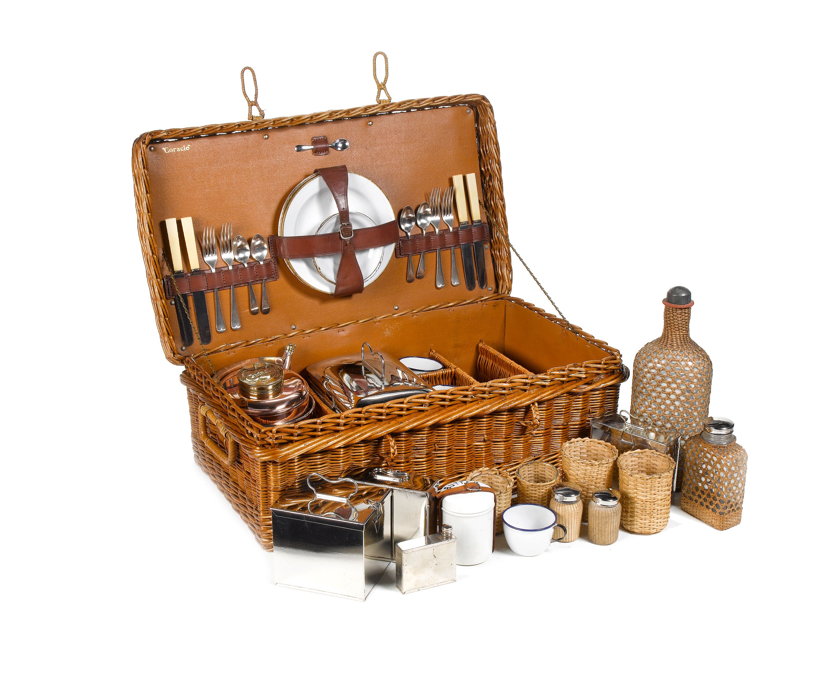 Bonhams Cars : A 'Coracle' four-person wicker-cased picnic set, by G W ...