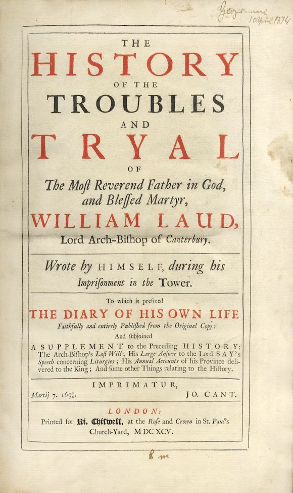 Bonhams : LAUD (WILLIAM) The History of the Troubles and Tryal of the ...