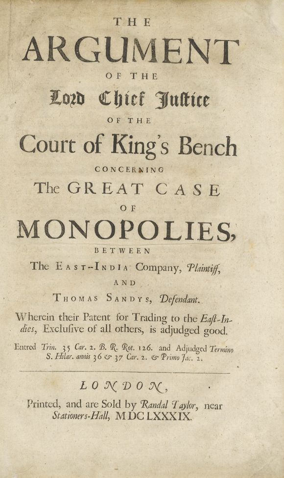 Bonhams : EAST INDIA COMPANY The Argument of the Lord Chief Justice of ...