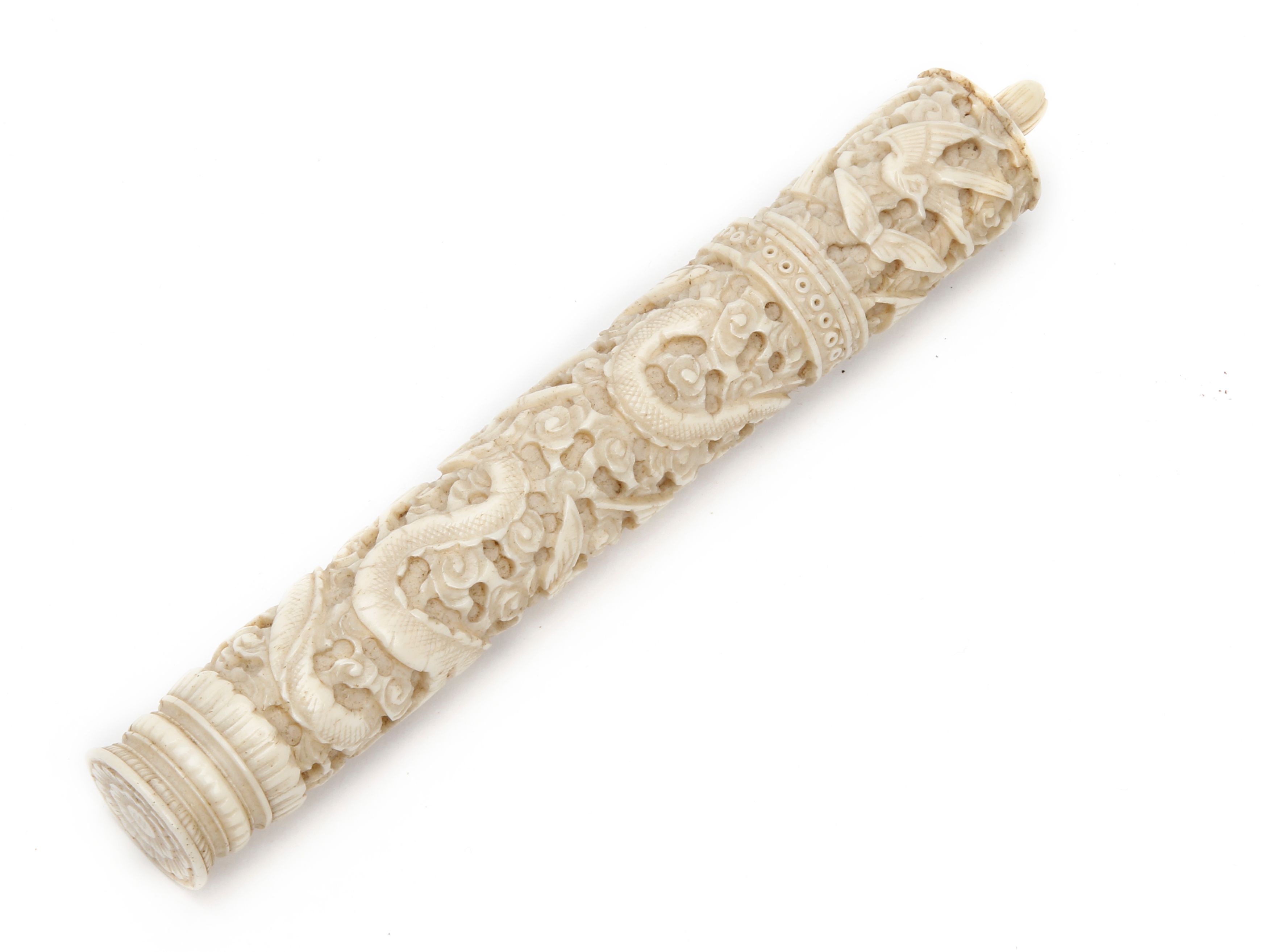 Bonhams : A Chinese export carved ivory needle case Late 19th Century