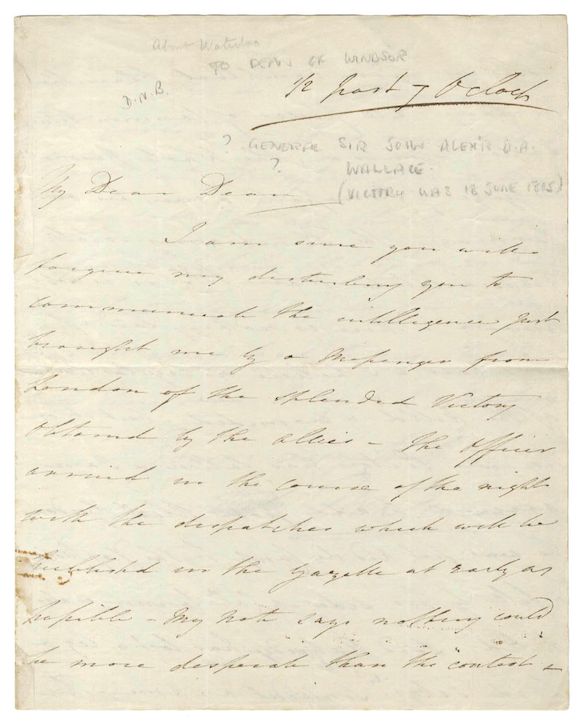 Bonhams : WATERLOO. Autograph letter signed by J. Wallace, [1815]