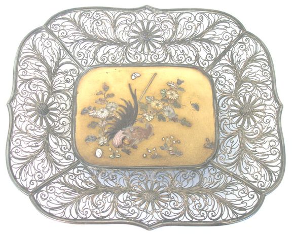 Bonhams : A Japanese filigree dish with Shibayama panel, with character ...