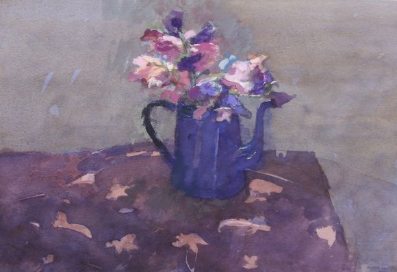 Bonhams : Christa Gaa (British, 1937-1992) Sweet peas in a teapot 26 x ...