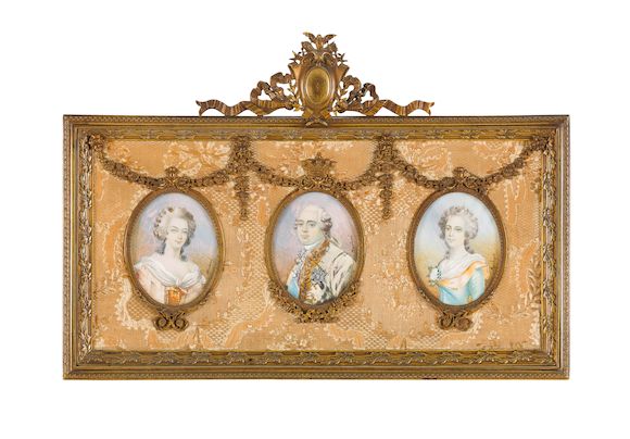 Bonhams : Three painted on ivory portrait miniatures within a cast ...