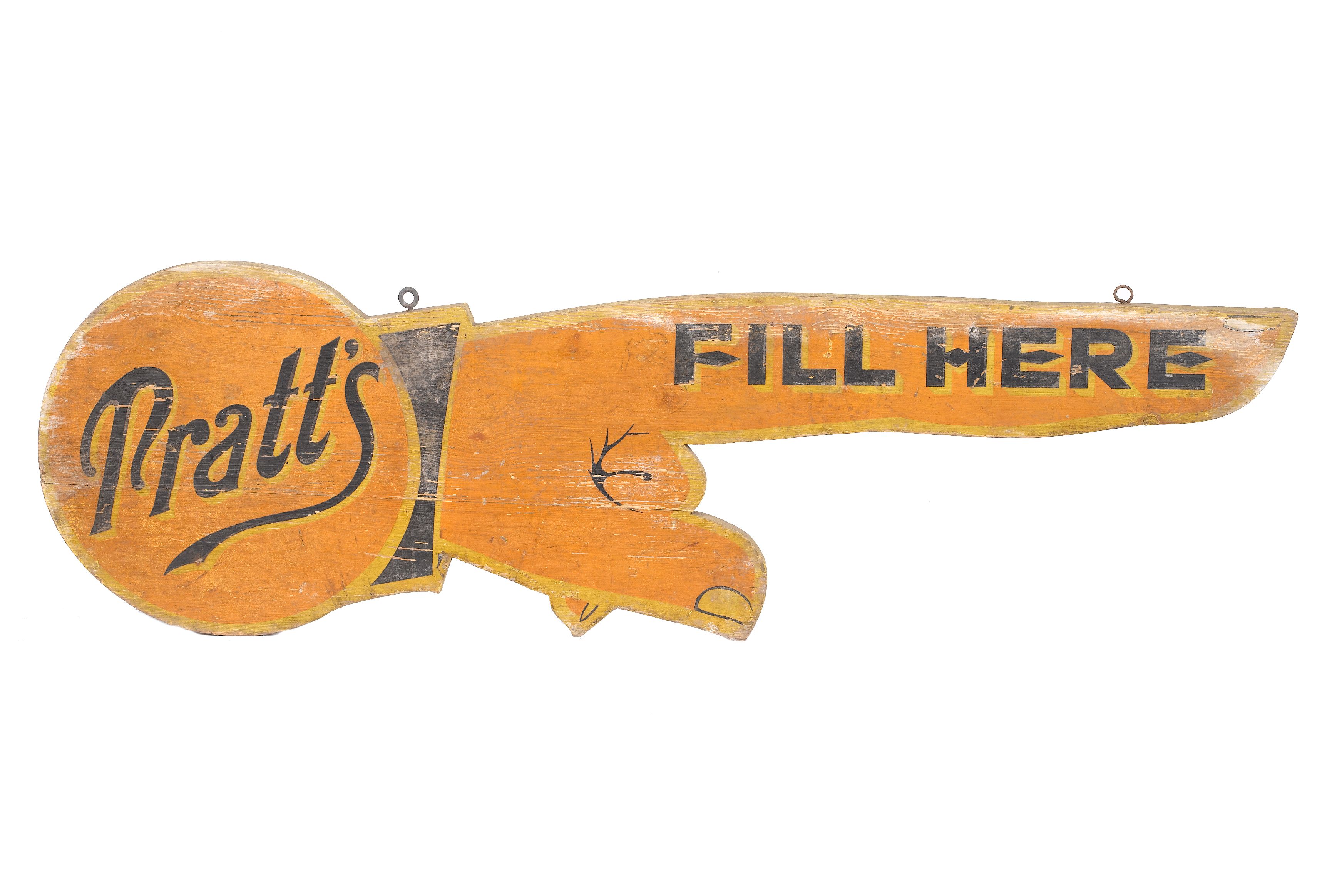 Bonhams Cars : A 'Pratt's Fill Here' wooden finger directional sign,