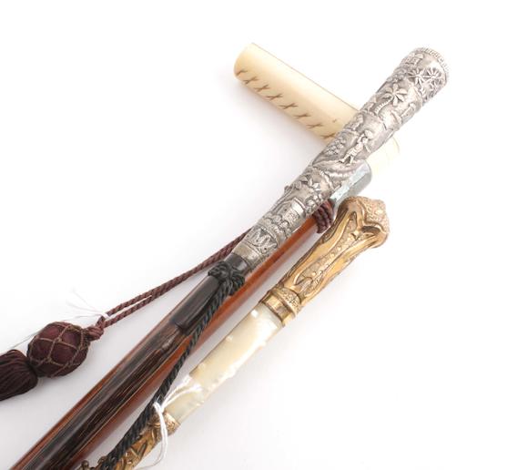 Bonhams An Ivory And Silver Mounted Cane A Burmese Silver Topped Cane And An 18ct Gold Mother