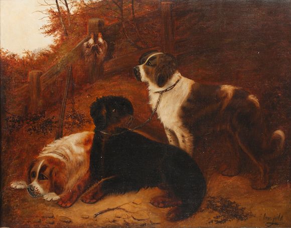 Bonhams : Edward Armfield (British, 1817-1896) Three hunting dogs in a ...