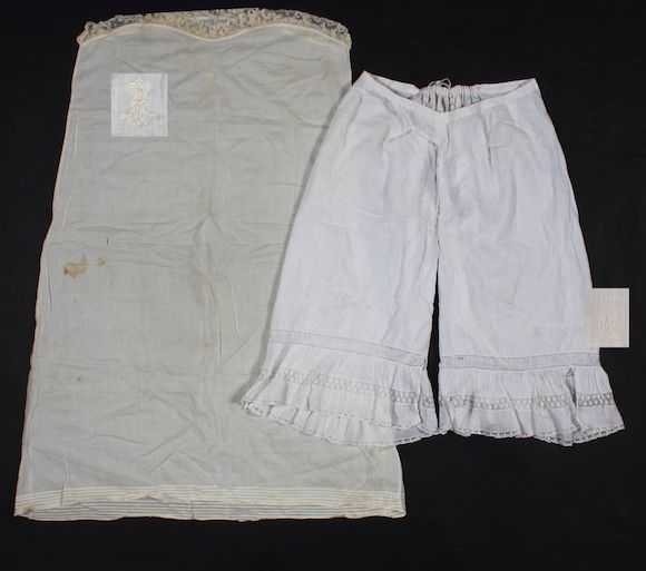 Bonhams : A pair of split drawers and a chemise, possibly with Royal ...
