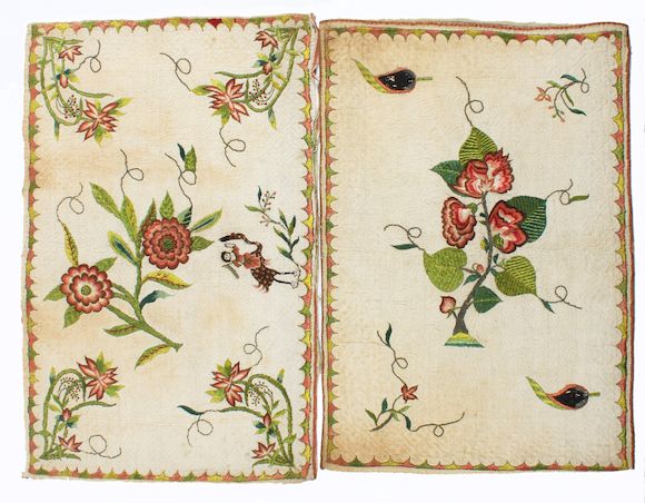 Bonhams : Two early 18th century embroidered and quilted cushion covers
