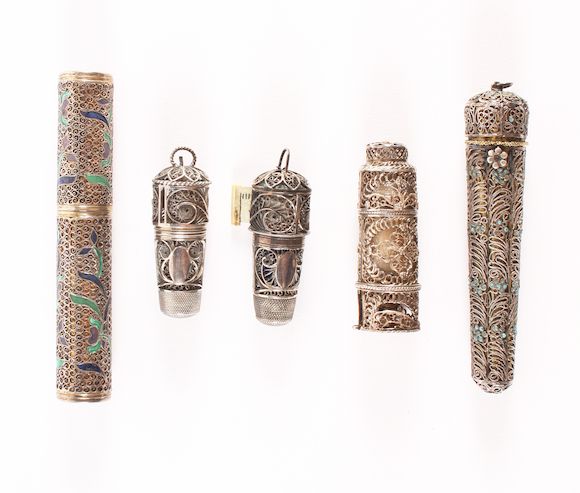 Bonhams : A group of five early 19th century silver filigree sewing tools