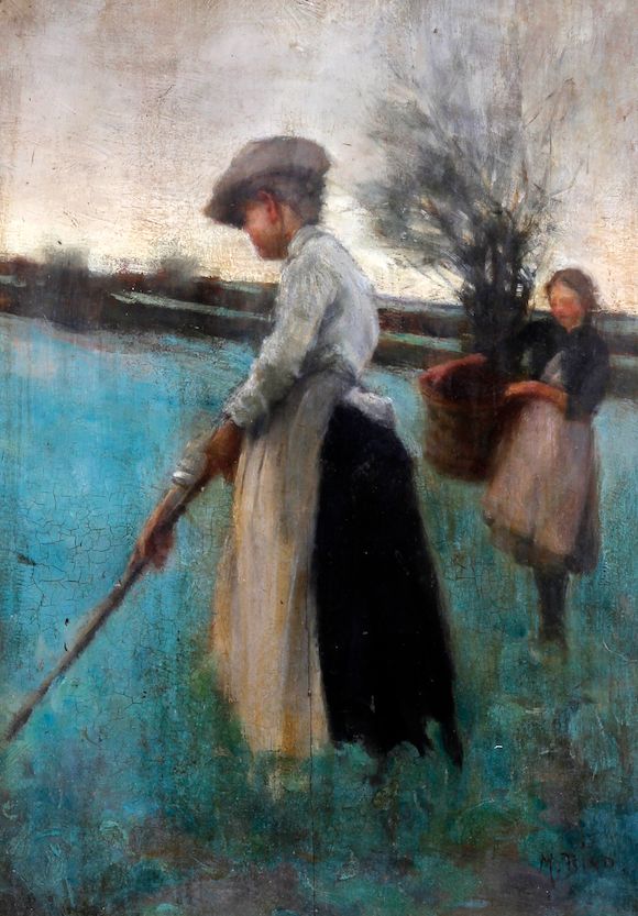 Bonhams : Margaret Bird (1864-1948) Lady and young girl working in a field