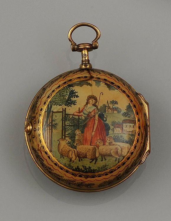 Bonhams : Sarah Hinton, London, 1797: A painted pair-cased pocket watch