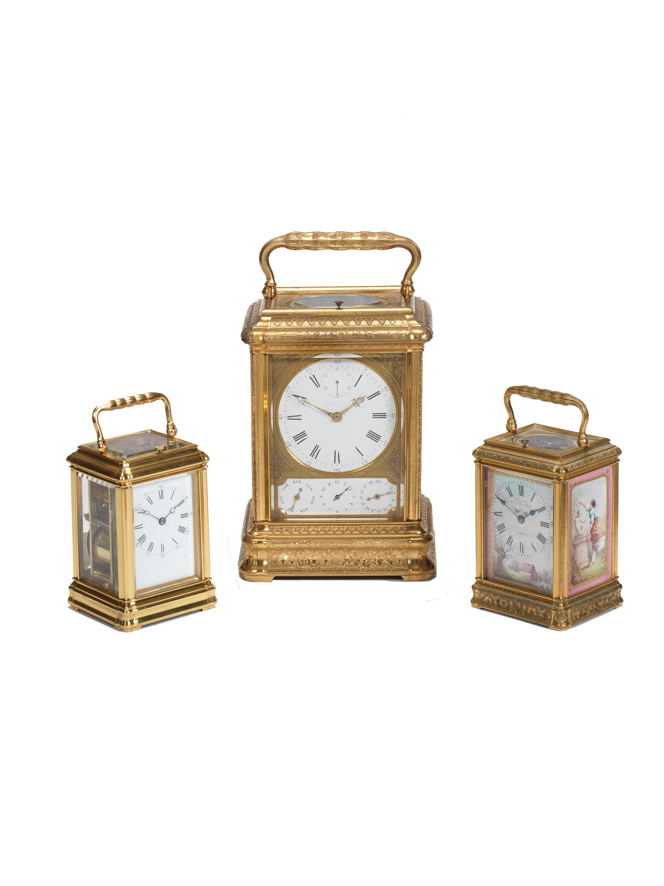 Bonhams : A late 19th century French porcelain mounted gilt brass carriage clock Drocourt for J ...