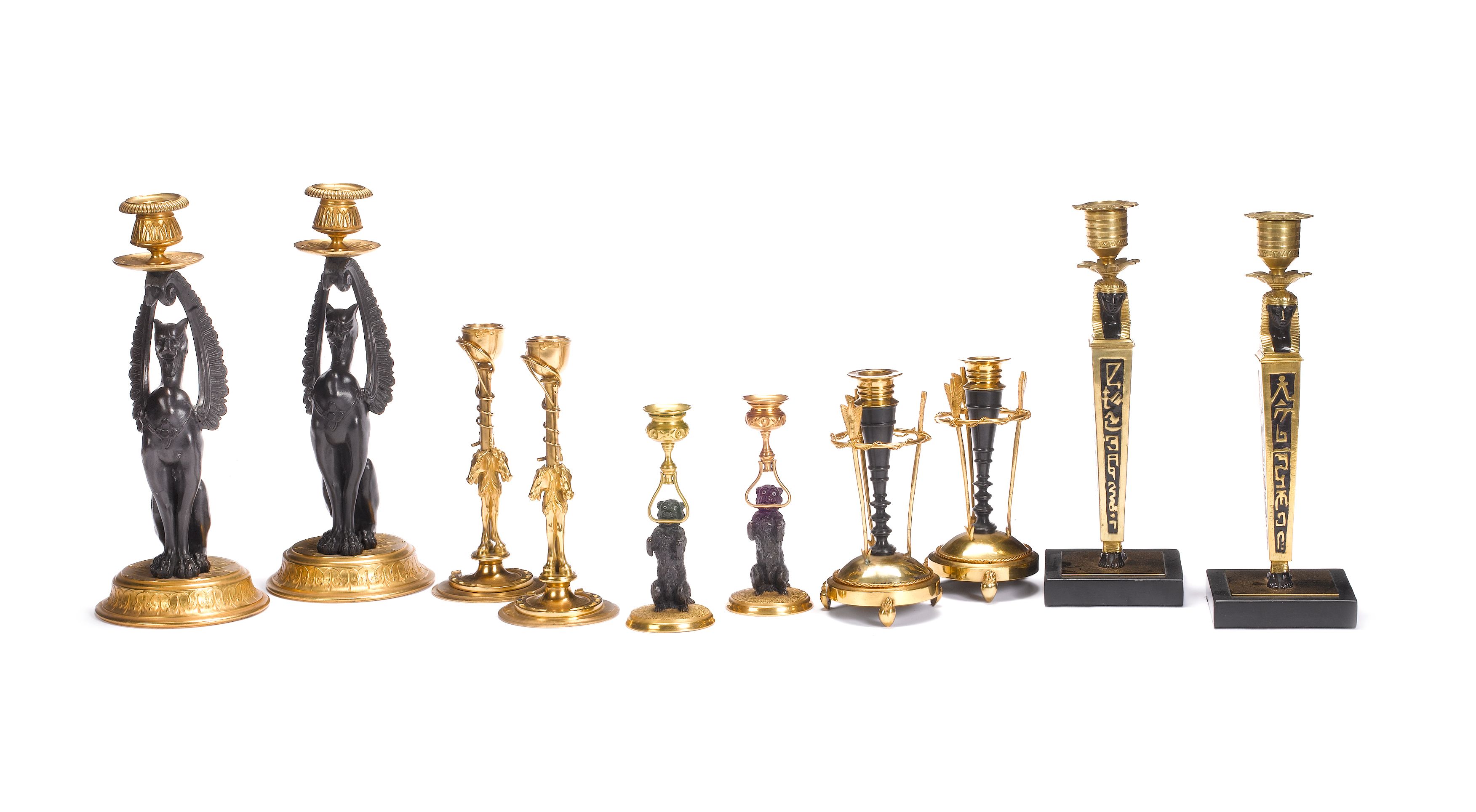 Bonhams : Five pairs of 19th century and later gilt metal candlesticks