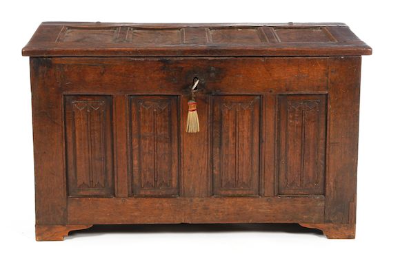 Bonhams : A 17th century oak linen-fold panelled chest, North European