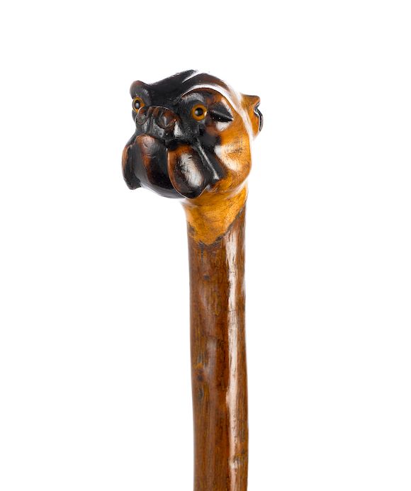 Bonhams : An early 20th century carved wooden 'bulldog' cane,