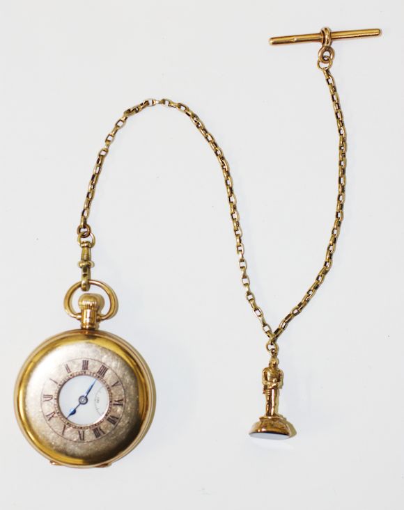 Bonhams : A 9ct gold half hunter pocket watch and chain,