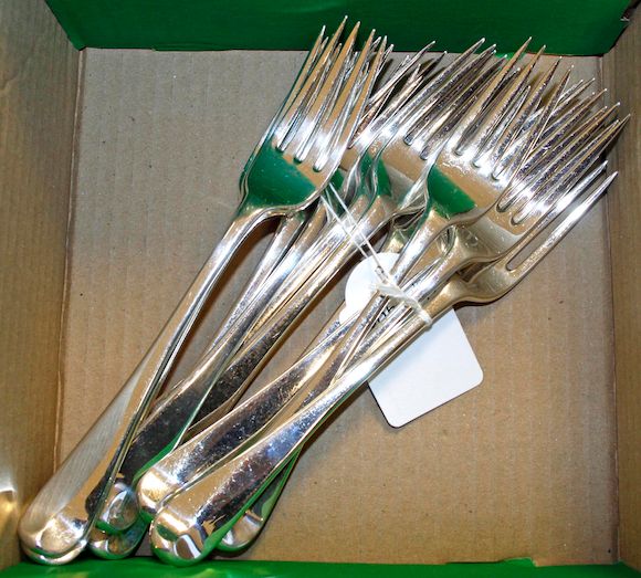 Bonhams : Twelve matching George III Old English pattern table forks,