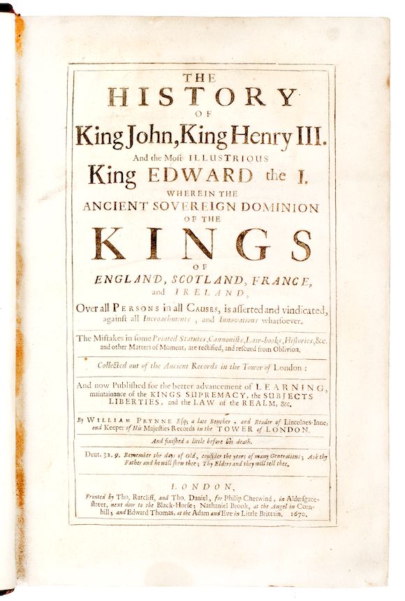 Bonhams : PRYNNE (WILLIAM) The History of King John, King Henry III ...