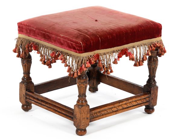 Bonhams : A walnut upholstered stool Elizabethan and later