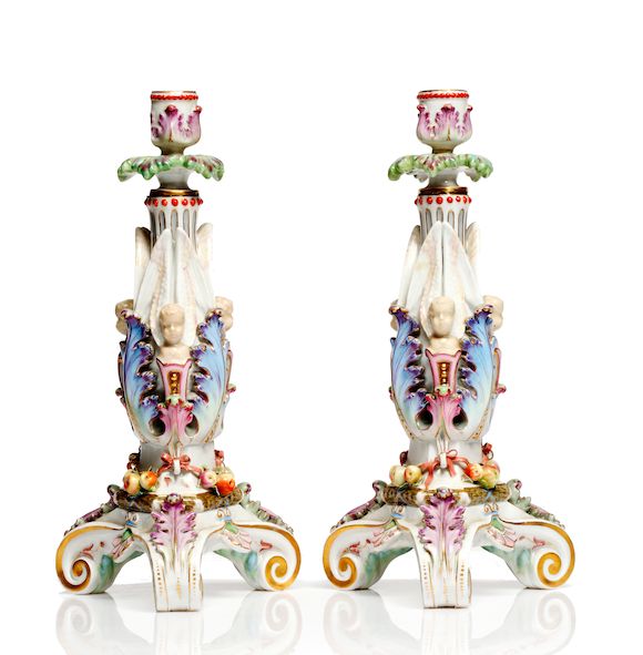 Bonhams : A pair of Meissen candlesticks, circa 1870-80