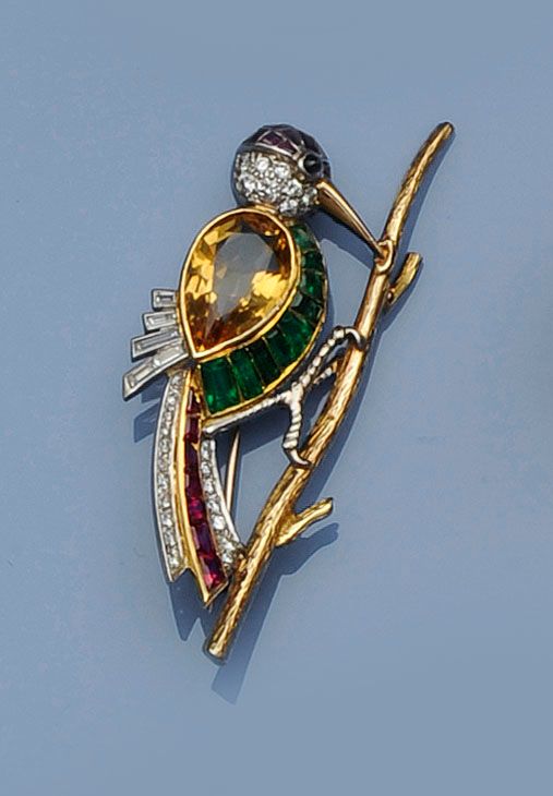 Bonhams : A diamond and vari gem-set bird brooch