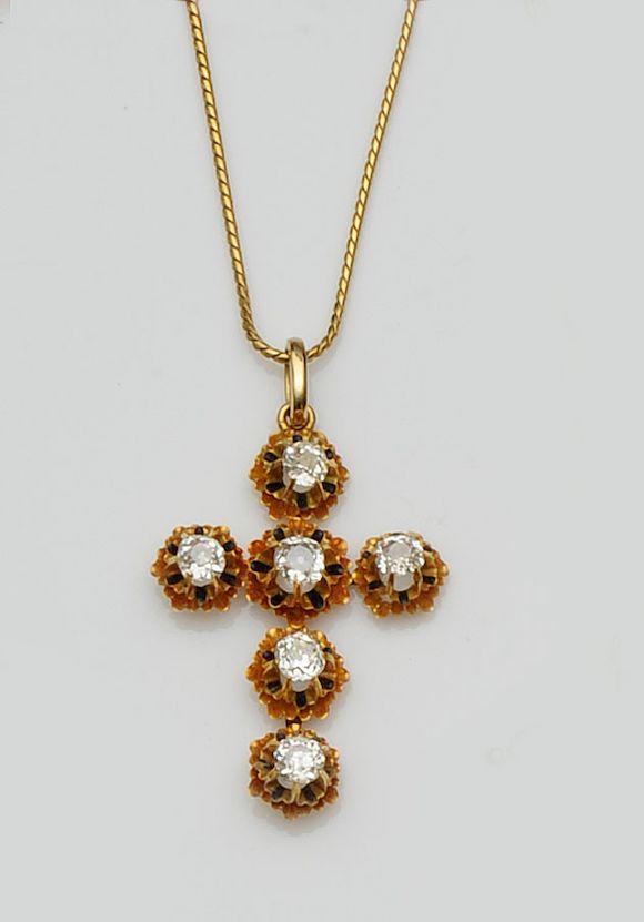 Bonhams : A late 19th century diamond and enamel cross pendant
