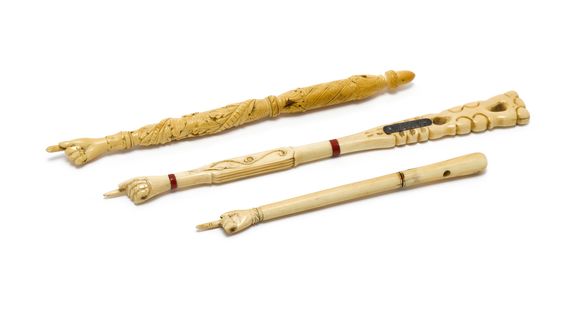 Bonhams : A mid 19th century Ivory yad, circa 1886, together with two other examples, one plain ...