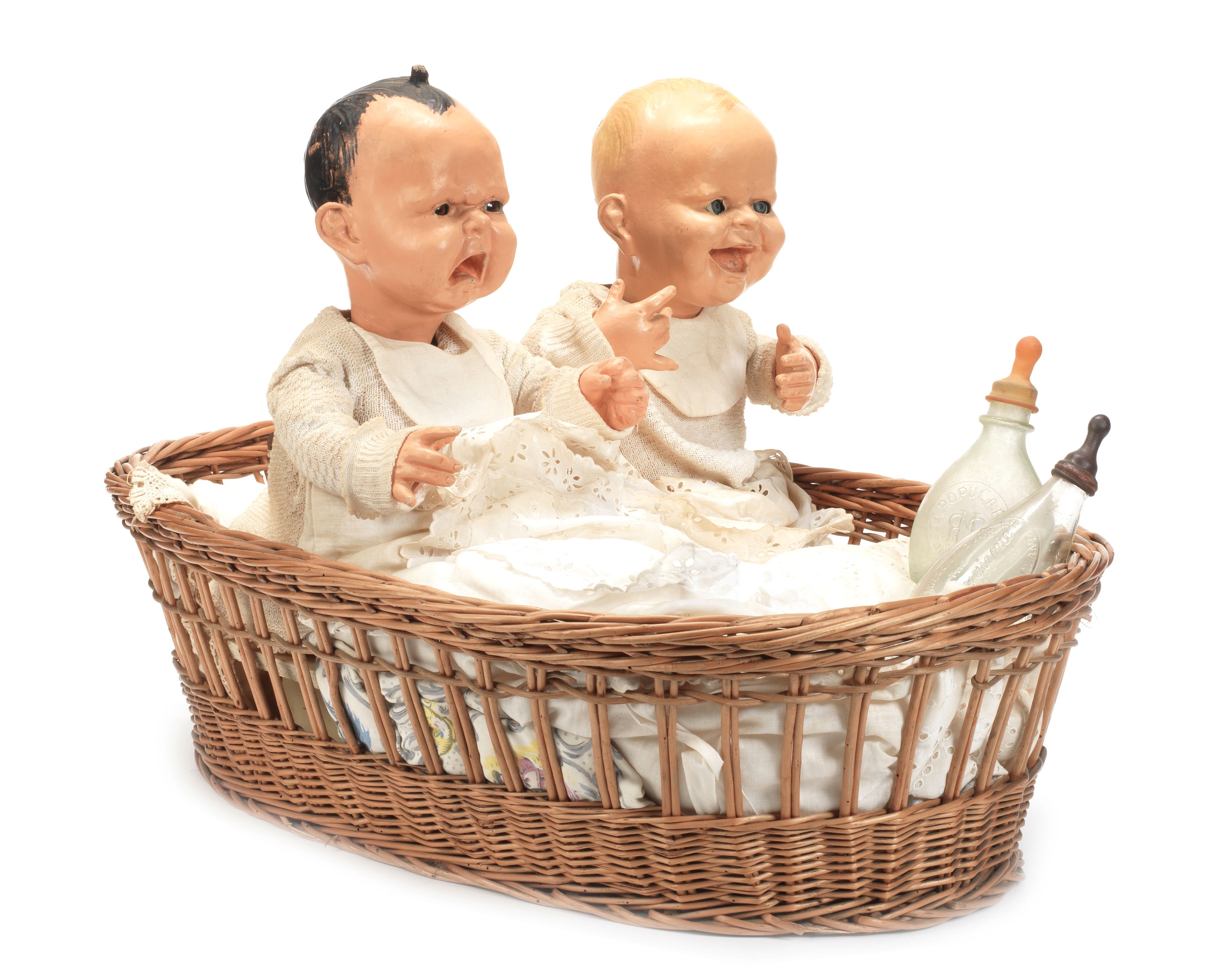Bonhams : Composition twin baby automata in basket