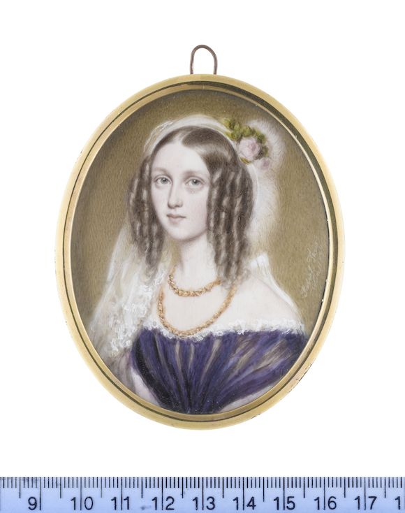 Bonhams : Robert Theer (Austrian, 1808-1863) A Lady, wearing purple ...