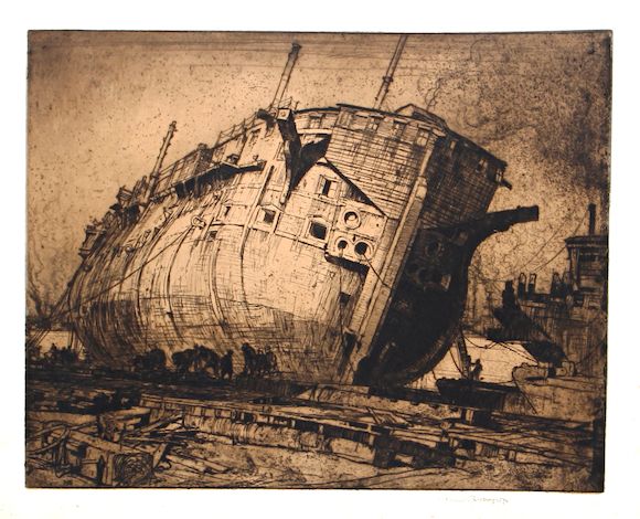 Bonhams : Sir Frank Brangwyn R.A. (British 1867-1956) Breaking up the Hannibal Etching, 1904, on ...