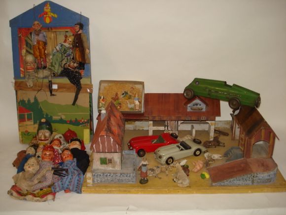 Bonhams : Punch and Judy hand puppets, toy farm, tinplate racing car ...