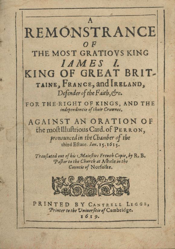 Bonhams : JAMES I. A Remonstrance of the Most Gratious King James I ...