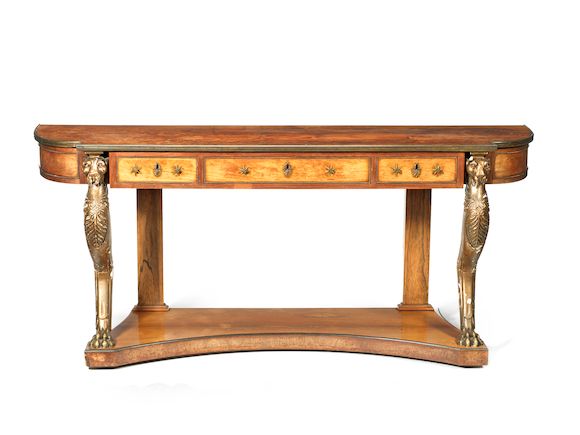 Bonhams : A Regency rosewood, parcel gilt and gilt bronze mounted breakfront console table ...