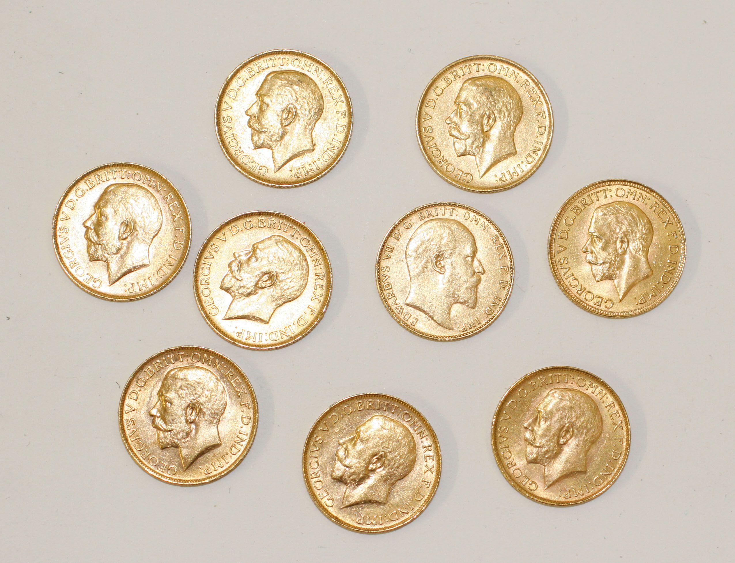 Bonhams : George V Nine sovereigns dated 1910, 1911, 1912, 1915, 1918 ...