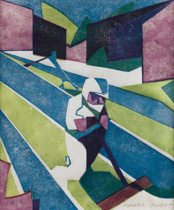 Bonhams : Claude Flight (British, 1881-1955) Lawn Mowing Linocut ...