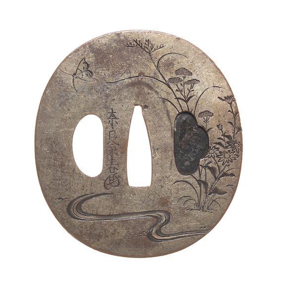 Bonhams : Three tsuba of silvered metal and sentoku Nara School, 18th ...