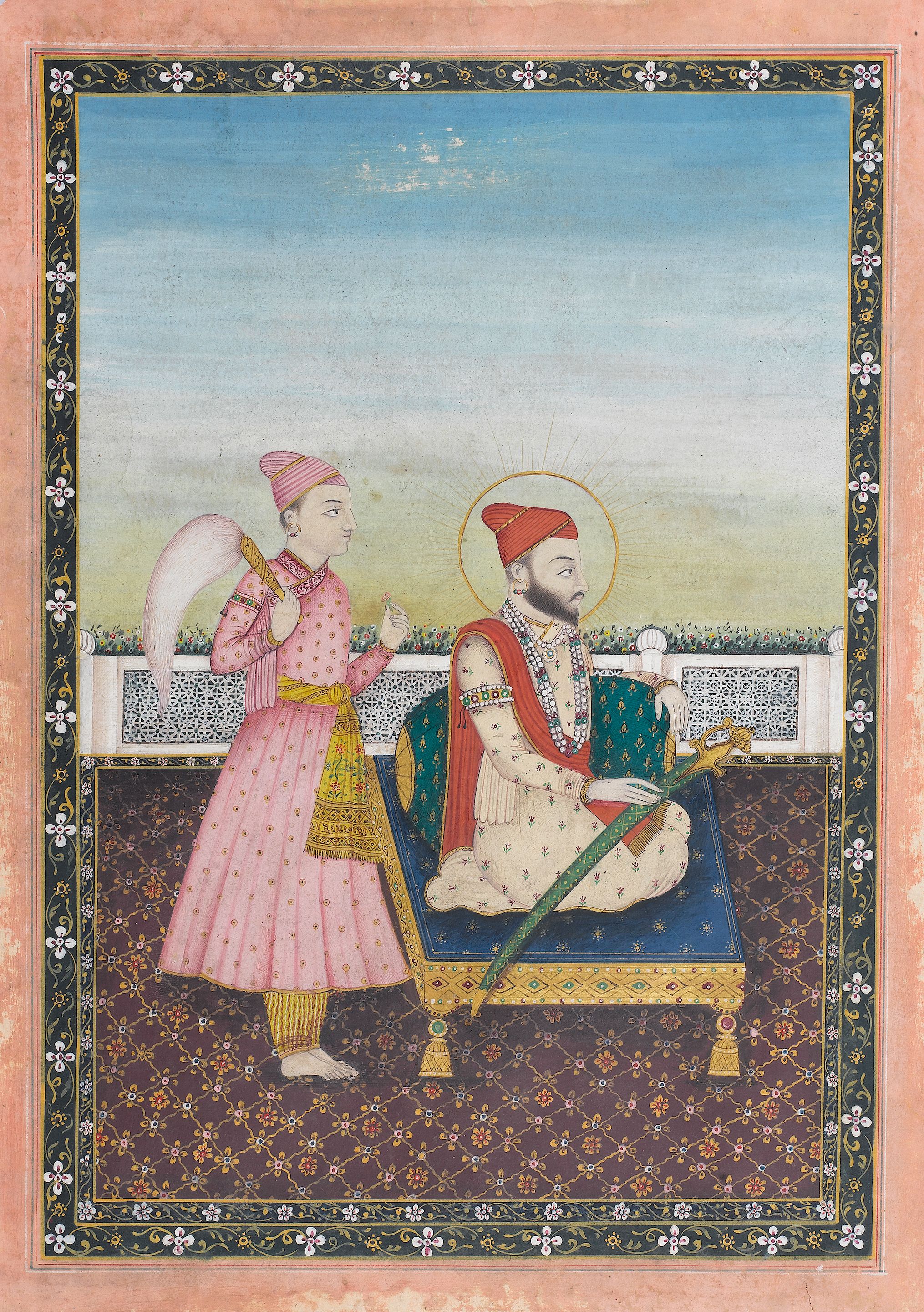 Bonhams : A Sikh prince seated against a bolster on a terrace, an ...