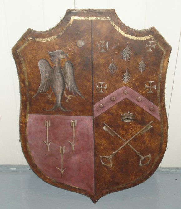 Bonhams : A 19th Century painted leather armorial shield