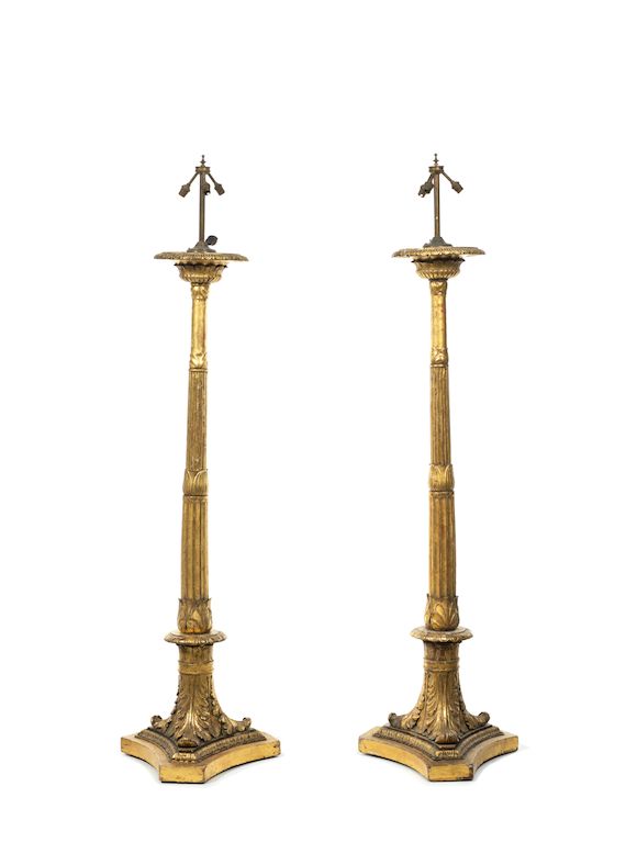 Bonhams : A pair of George IV carved giltwood torcheres converted to ...