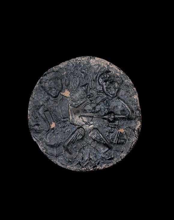 Bonhams : A large circular glass Roundel depicting a drinking scene ...